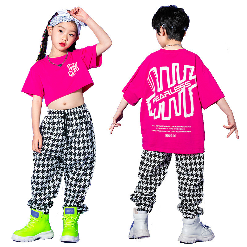 Boys girls pink plaid hiphop street jazz dance costumes rapper singers ...