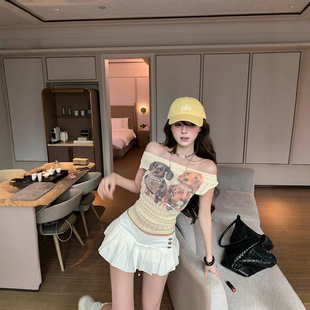 Soote Season原创美式少女印花斜肩夏日小狗落肩修身短袖t恤女-阿里巴巴