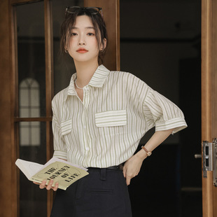 实拍2024夏季港风复古条纹衬衫女法式气质宽松休闲中长款中袖衬衣-阿里巴巴