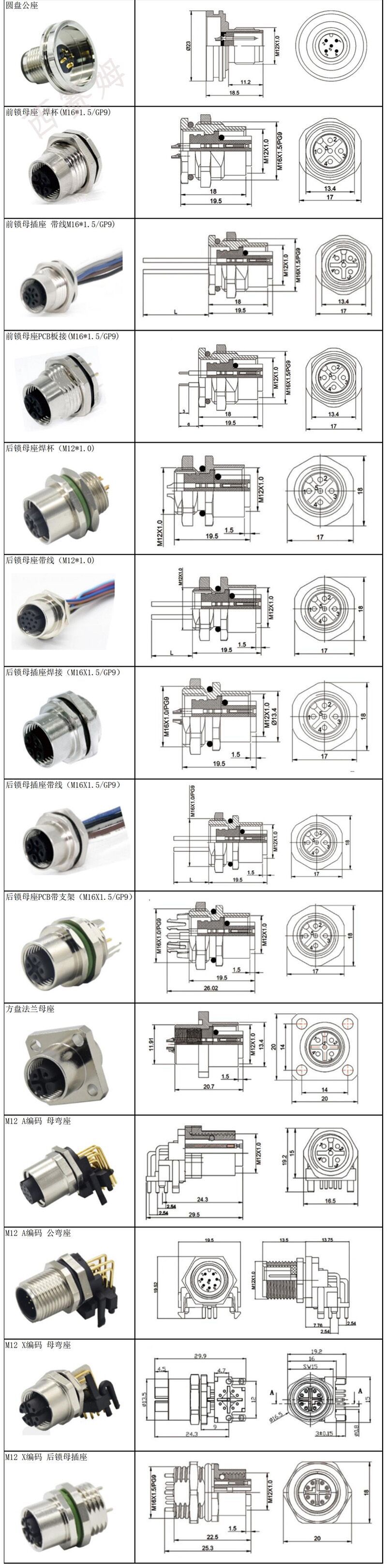 圆形防水航空插头焊接PCB板M12 12P母插座连接器-阿里巴巴