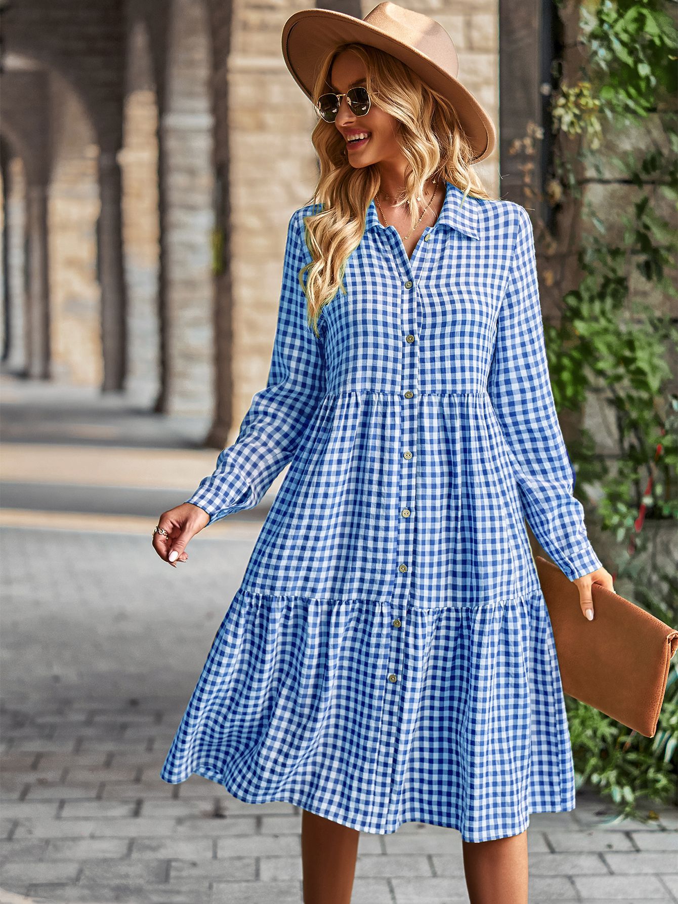 Women's Plaid Print Long Sleeve Casual Dress