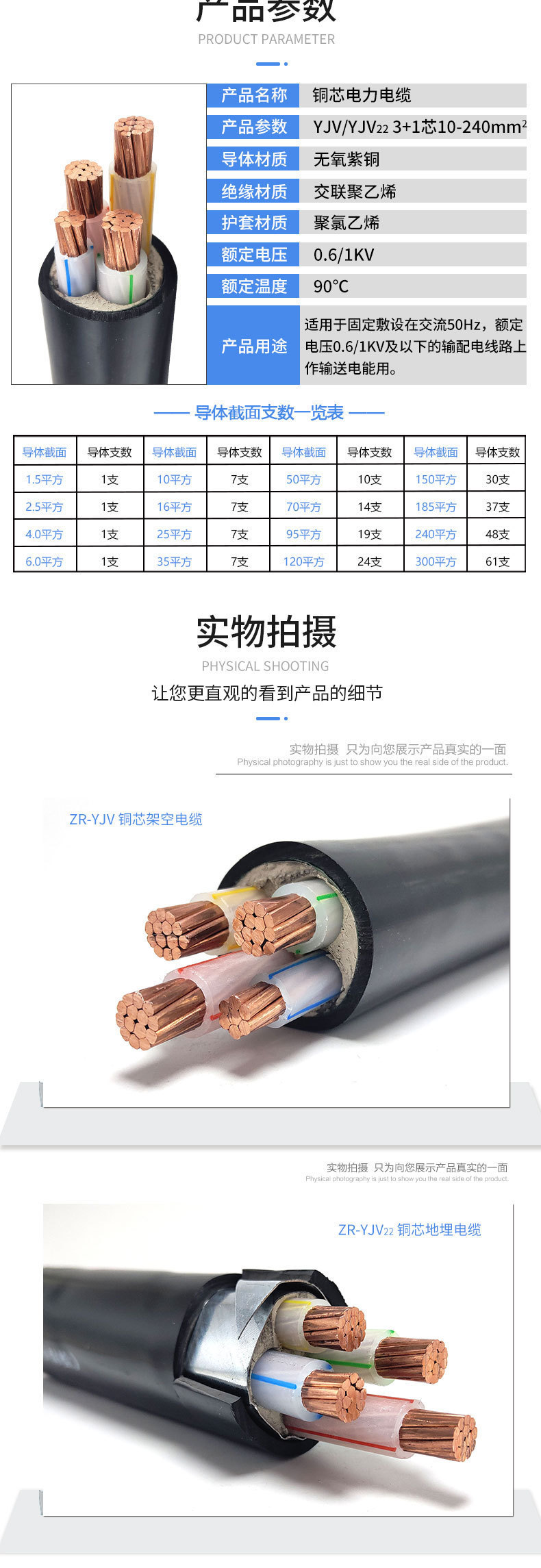 铜电缆YJV3*300+1*150硬线三等芯300平方3+1铜芯阻燃铠装三相四线-阿里巴巴