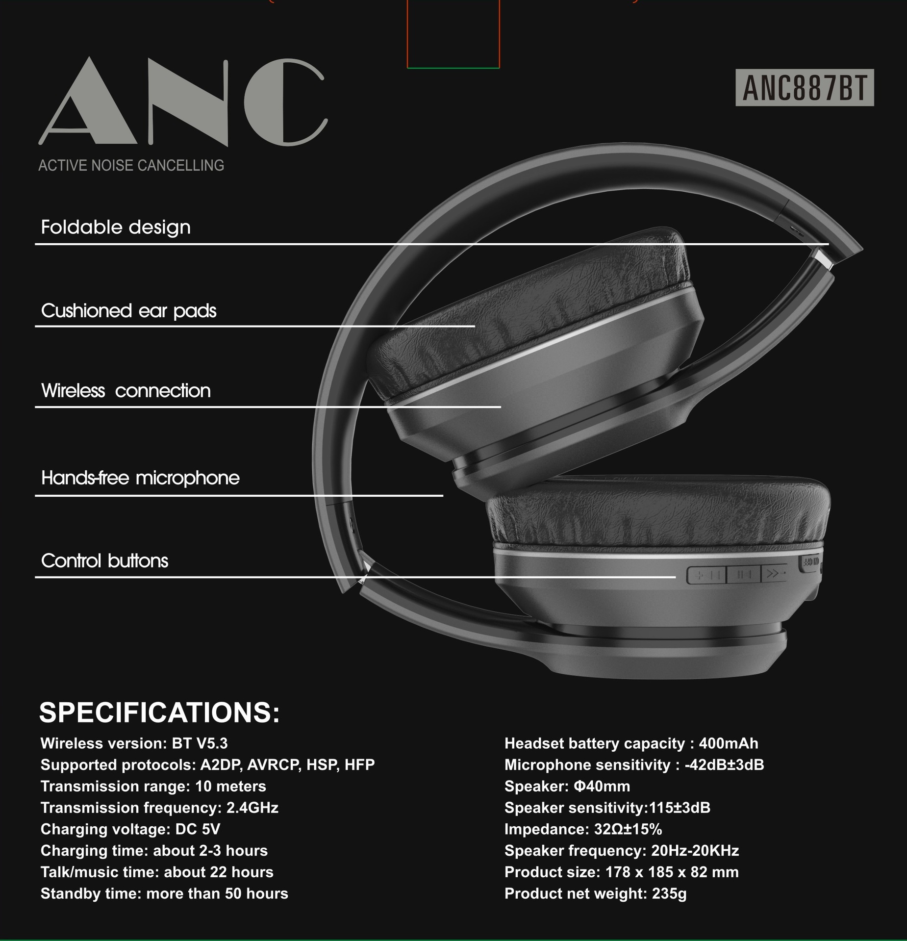 新款ANC头戴式降噪蓝牙耳机3D立体声可折叠降噪耳机 SY-ANC887-阿里巴巴