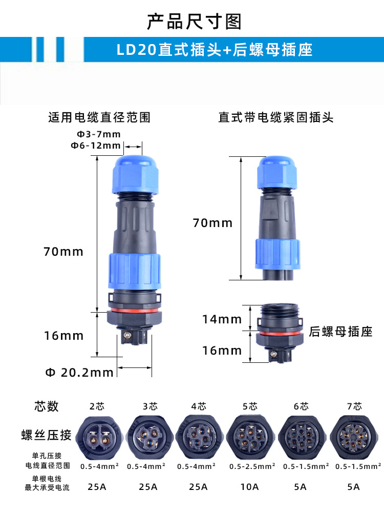 免焊接航空插头LD20公母对接面板式防水连接器2芯3针4孔5芯6芯7芯-阿里巴巴