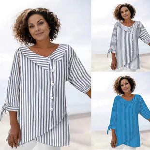 2025秋冬新款 跨境亚马逊欧美时尚条纹印花九分袖V领女装春秋T恤-阿里巴巴