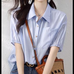 经典通勤贴袋衬衫女2023夏季新款时尚简约上衣文艺泡泡袖短袖衬衣-阿里巴巴