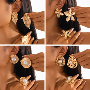 欧美跨境ins夸张金属风褶皱仿珍珠耳环 个性甜酷线条earring套装-阿里巴巴