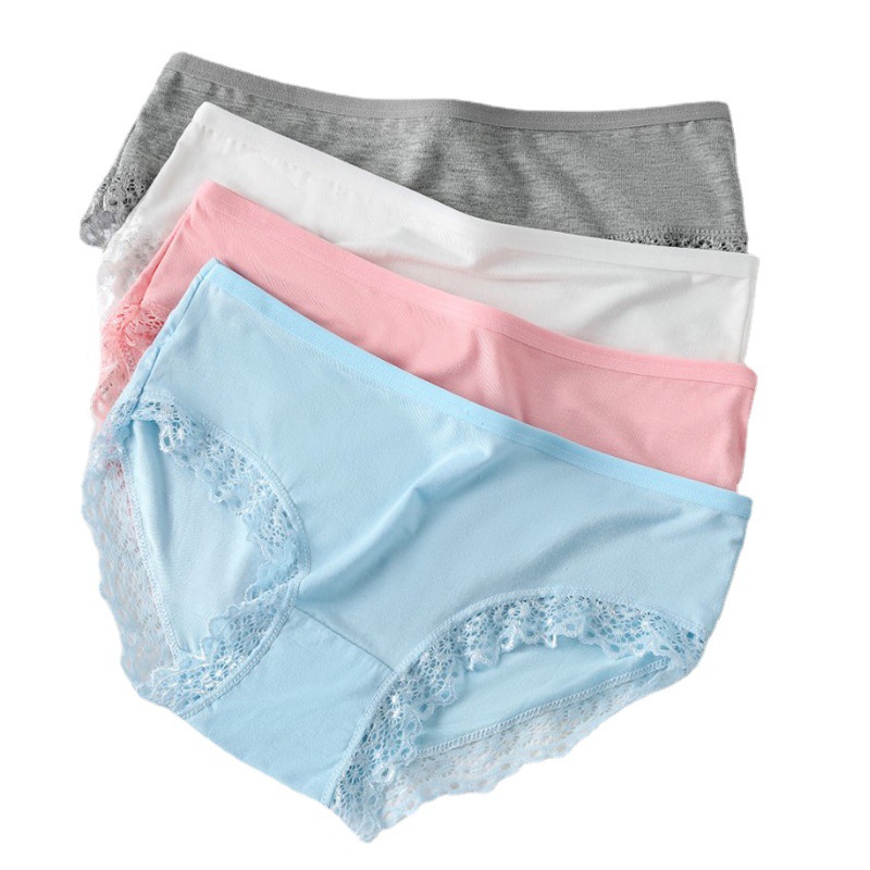 Pure cotton briefs ladies cotton mid-waist lace solid color underwear ...