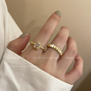 日韩几何方形锆石戒指女时尚S925银条纹开口指环ins设计感食指戒-阿里巴巴