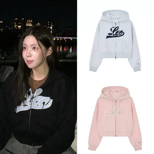 韩国潮牌东大门Lee刺绣贴布字母短款线圈休闲宽松卫衣拉链外套女-阿里巴巴