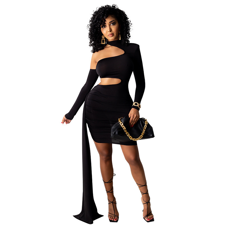 Women night club singers bar sexy dresses red black Pleated waist dress ...