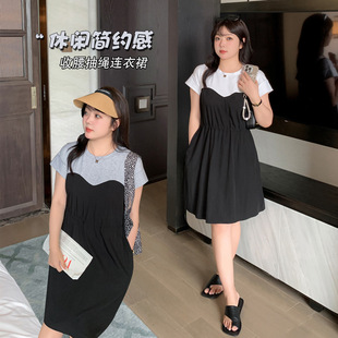 k2763大码女装休闲圆领撞色拼接连衣裙胖妹妹运动风短款裙子-阿里巴巴