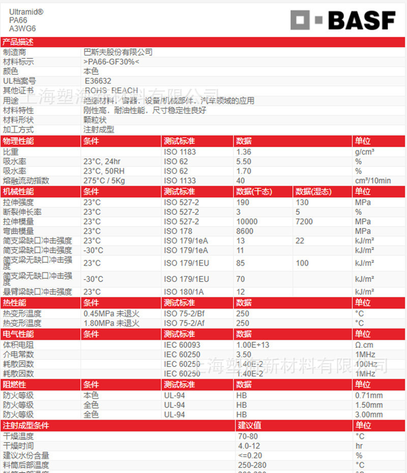 PA66 德国巴斯夫 A3WG6耐热绝缘尼龙 绝缘材料30%玻璃纤维增强-阿里巴巴