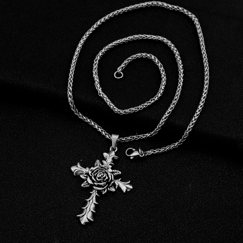 潮款嘻哈玫瑰十字架哥特风吊坠欧美风格潮人男士项链街头个性-阿里巴巴
