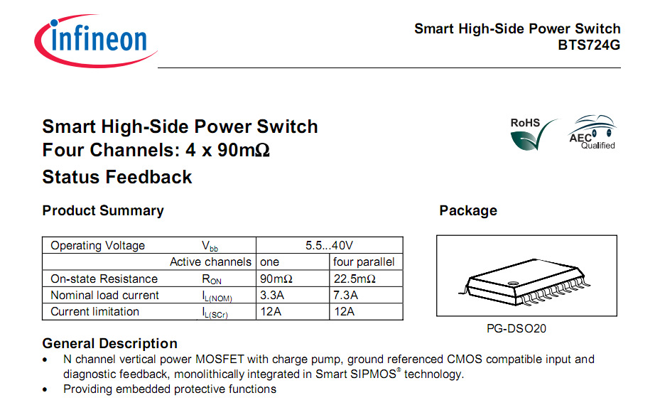BTS724G 高侧电源开关极低待机电流 感应集成电路垂直功率FET芯片-阿里巴巴