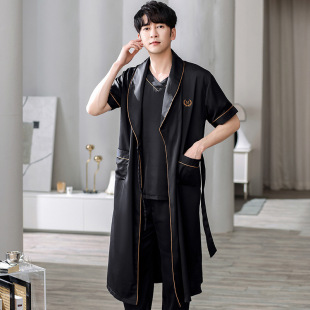 冰丝男士睡袍夏季大码短袖长裤仿真丝高级感长款浴袍晨袍三件套装-阿里巴巴