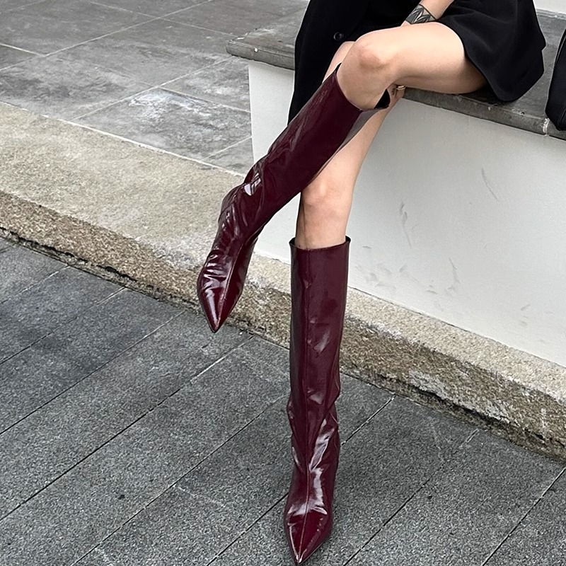 酒红色牛皮时装靴~新款尖头拼接套筒细跟中跟优雅高筒靴欧美女靴-阿里巴巴