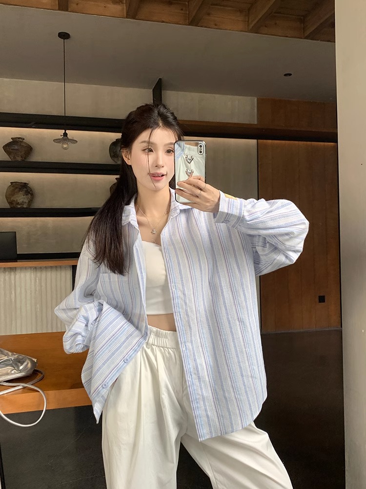 港风复古条纹衬衫女早秋宽松显瘦百搭开衫衬衣polo领长袖上衣ins-阿里巴巴