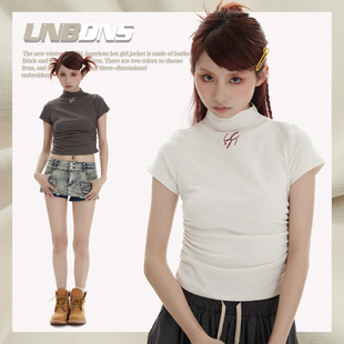 UNBDNS 美式复古潮流半高领纯色短袖t恤棉小众修身短款辣妹上衣-阿里巴巴