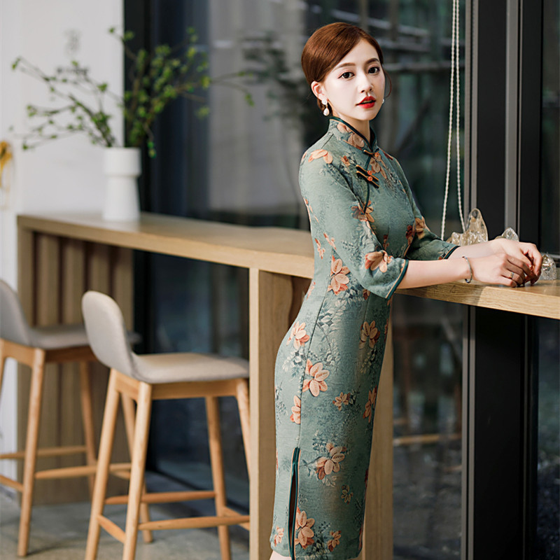 Women chinese dresses floral qipao Wool cheongsam dress Retro old ...