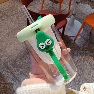 可爱简约表情包手提吸管玻璃水杯密封防漏水耐热学生男女泡茶杯子-阿里巴巴