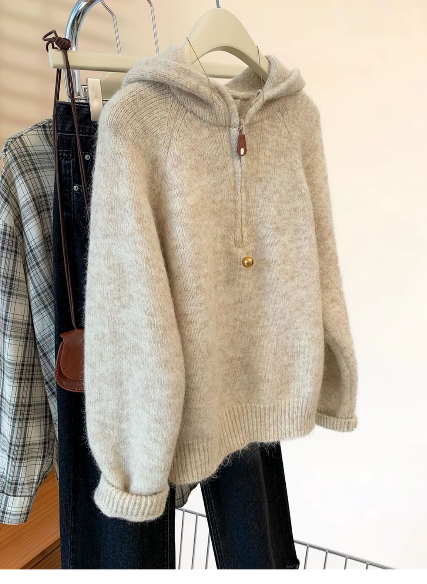 女秋冬半拉链套头连帽毛衣2025新款慵懒风软糯打底上衣加厚针织衫-阿里巴巴