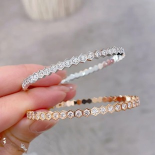 尚家S925蜂巢手镯CNC精工镀18K六边形菱格镶钻时尚简约百搭手环-阿里巴巴