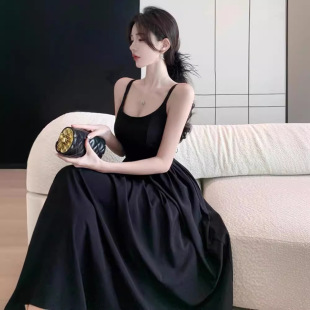 2025新款法式名媛赫本风吊带秋季黑色年会长裙生日宴会晚礼服-阿里巴巴