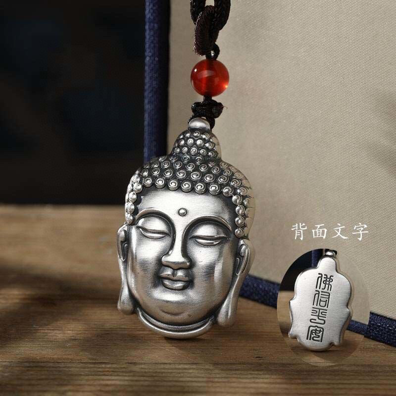 Silver Jia silver ornaments silver 999 hollow Buddha head retro pendant ...