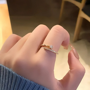 S925纯银镀14K金镶钻戒指女ins风设计感高级轻奢时尚别致开口指环-阿里巴巴