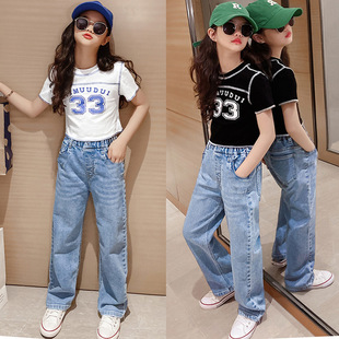 女童套装牛仔裤薄款阔腿裤夏季大童高腰长裤宽松儿童直筒裤两件套-阿里巴巴