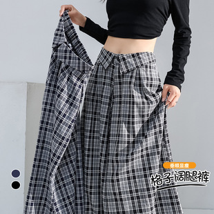 2025夏季新款复古时髦格子翻领设计高腰垂感阔腿裤女宽松休闲裤子-阿里巴巴