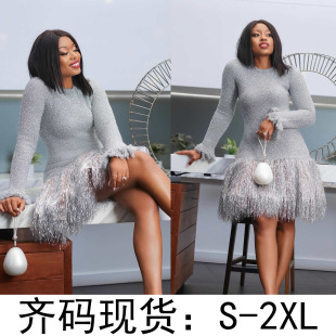 GT9165复合面料双层流苏连衣裙合体显瘦连衣裙现货-阿里巴巴