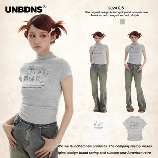 UNBDNS 美式趣味猫咪印花半高领短袖T恤女辣妹休闲百搭修身短上衣-阿里巴巴