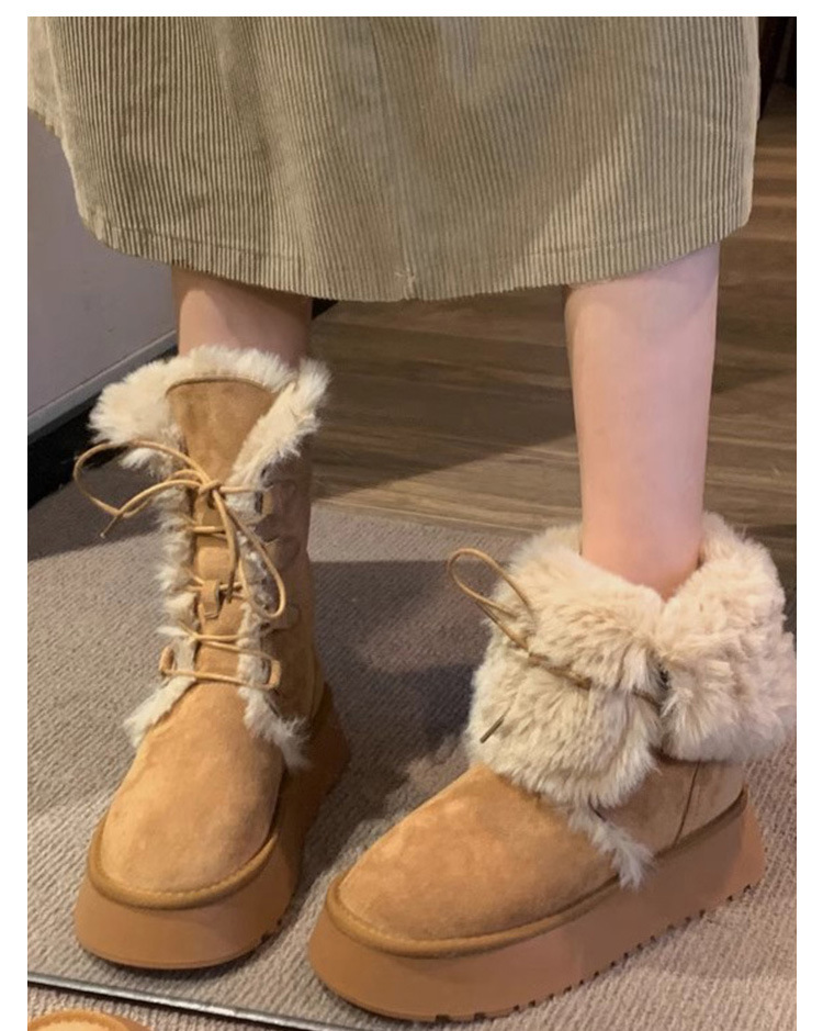 高定版！系带两穿雪地靴女冬厚底中筒皮毛一体过冬加绒加厚棉短靴-阿里巴巴