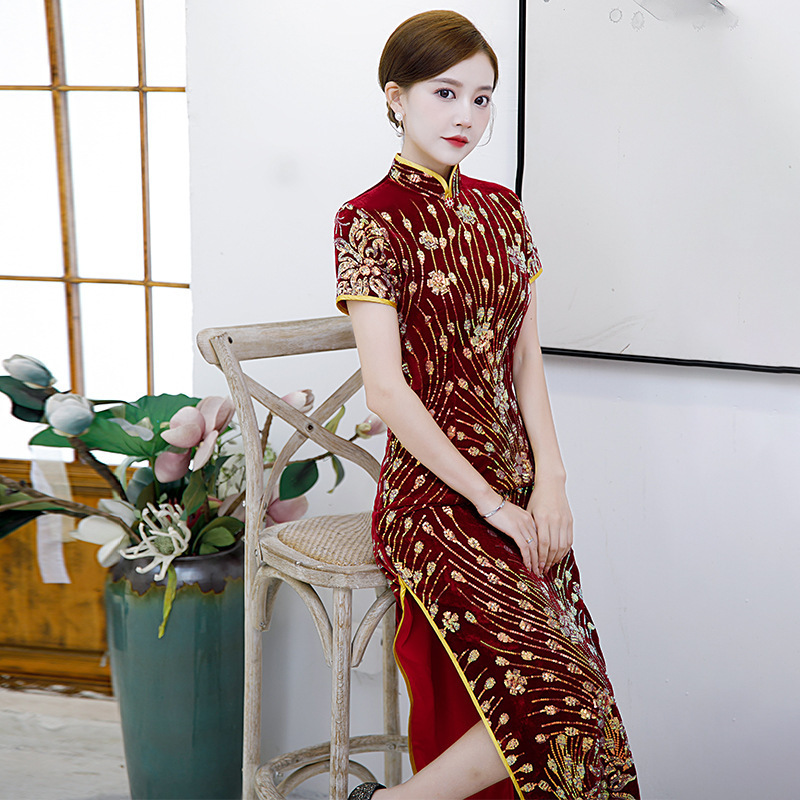 Sequins glitter Runway qipao Chinese Dresses Oriental Qipao long stage ...