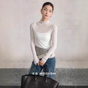 ES MODISH 秋季新品韩系名媛风立领半透修身长袖T恤外搭打底上衣-阿里巴巴
