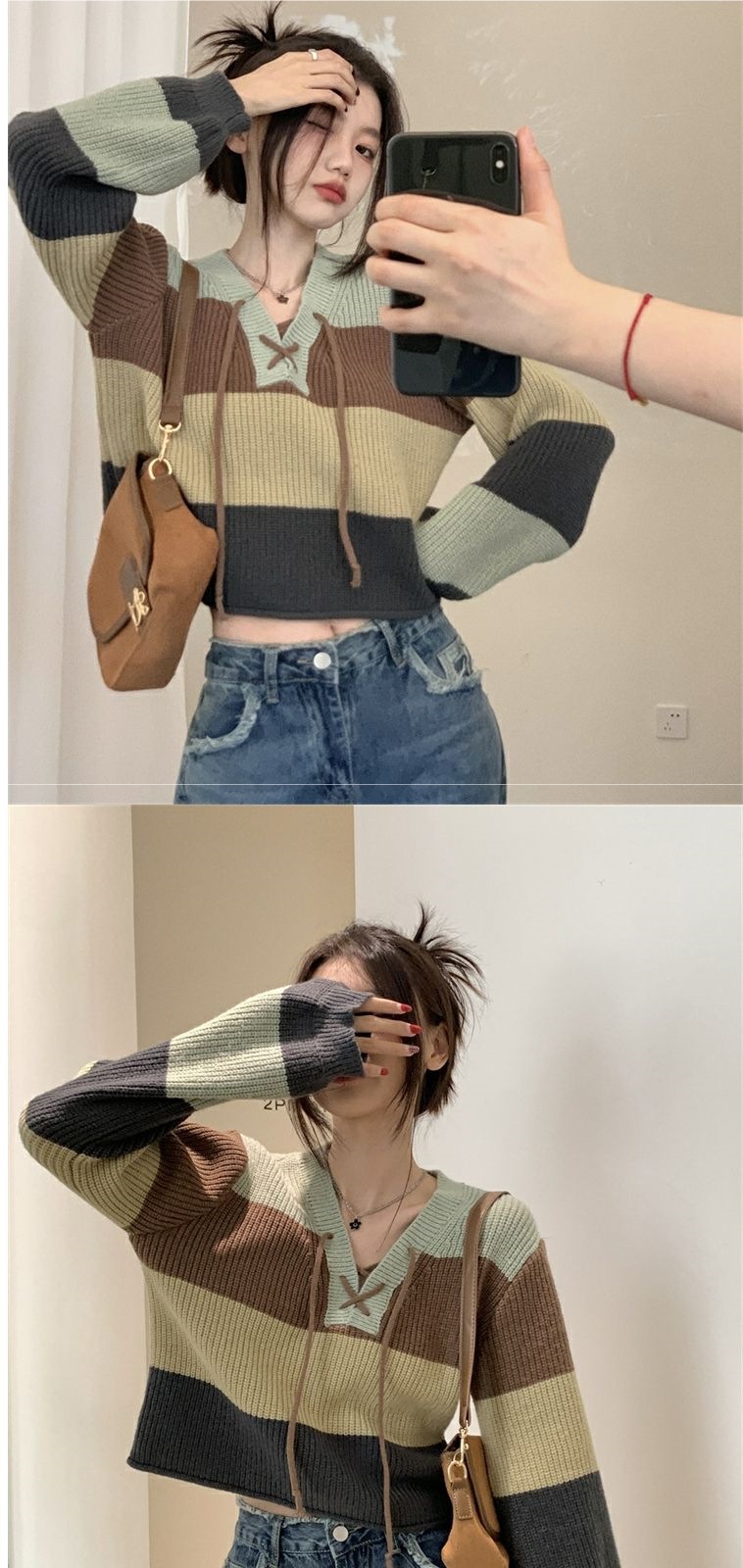 秋冬新款显瘦正肩毛衣女设计感系带领美式复古条纹秋季上衣-阿里巴巴