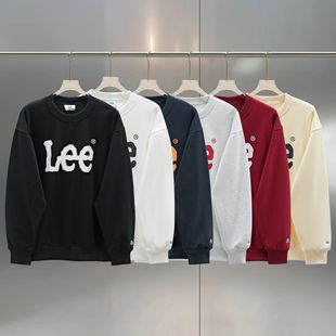 韩国潮牌Lee纯棉卫衣简约色字母刺绣毛圈百搭宽松情侣装王-阿里巴巴