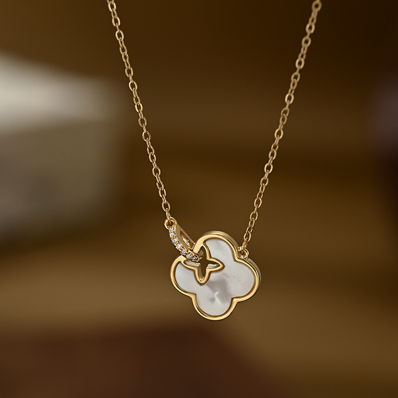 真金电镀微镶锆石气质锁骨链女高级设计感天然贝壳四叶草项链批发-阿里巴巴