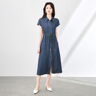 2507805-松弛垂感莱赛尔牛仔连衣裙翻领抽绳系带收腰显瘦柔软舒适-阿里巴巴