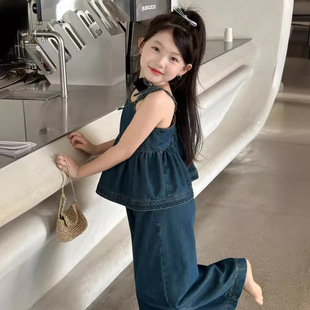 童套装2024夏女童辣妹风牛仔吊带娃娃衫阔腿裤套装女宝韩版两件套-阿里巴巴