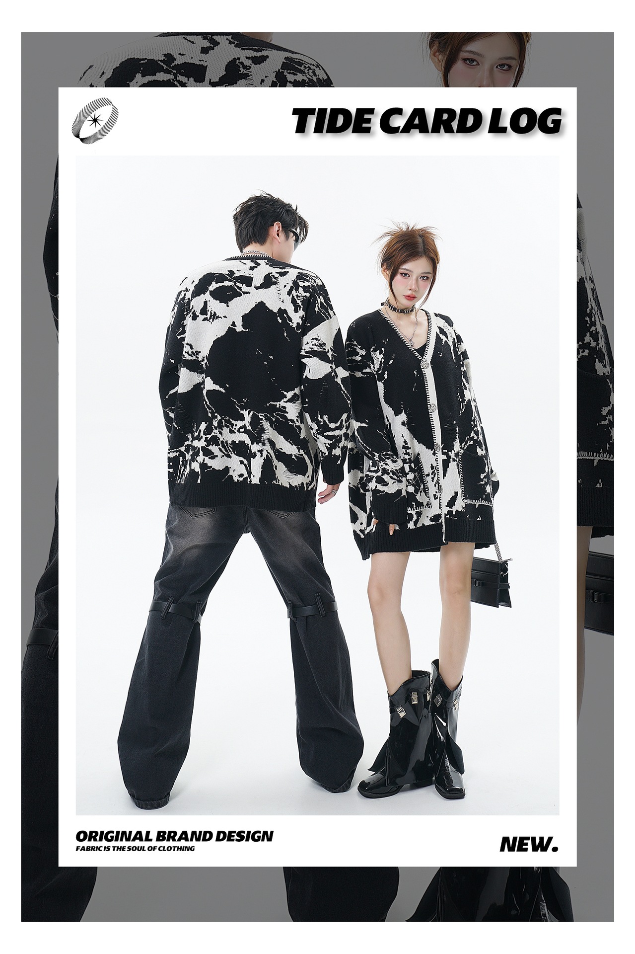 TIDE CARD LOG秋冬雪花破洞小众V领针织上衣潮酷情侣款开衫外套潮-阿里巴巴