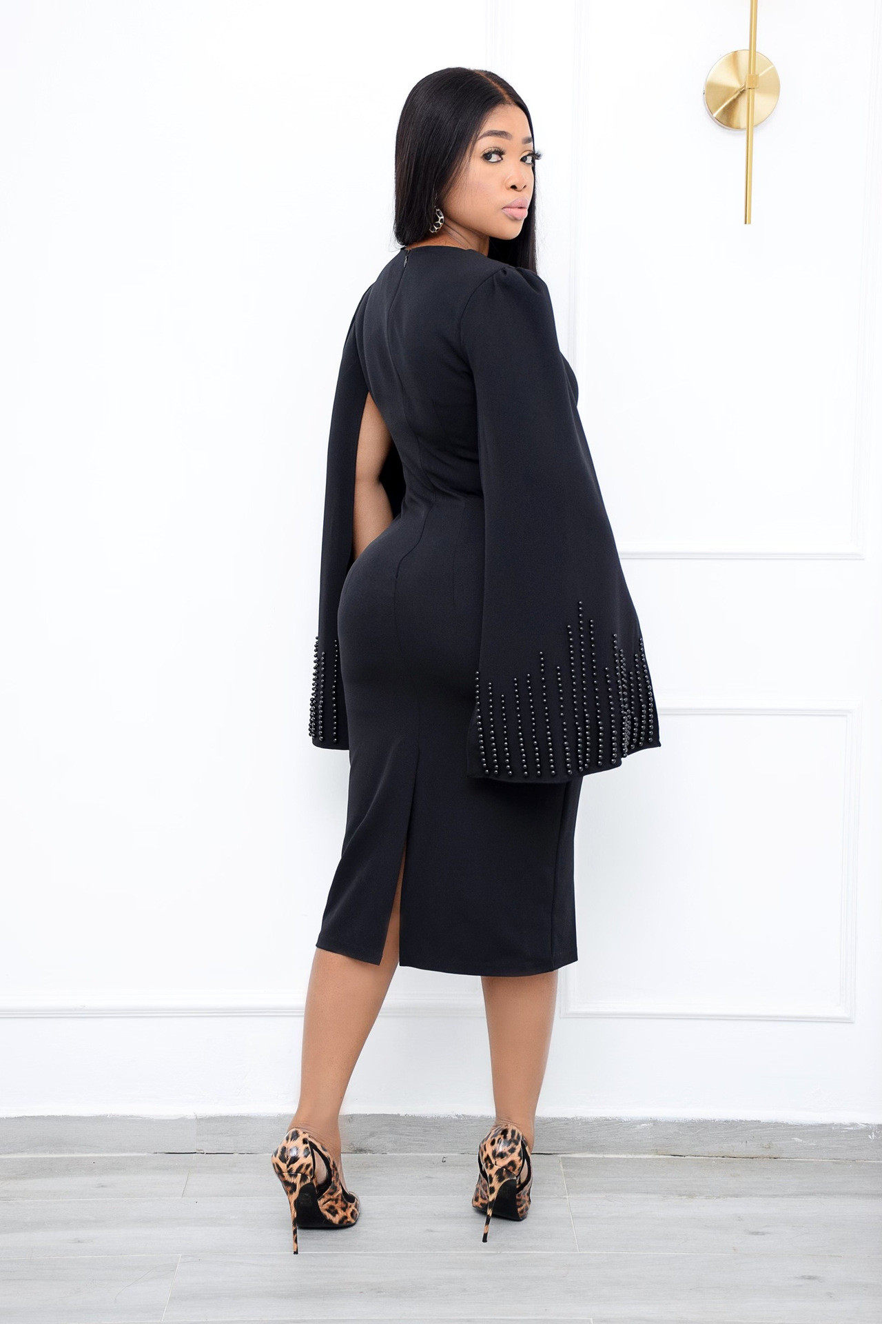 L0367速卖通 亚马逊欧美外贸女装冬季钉珠斗篷扭结收腰纯色连衣裙-阿里巴巴