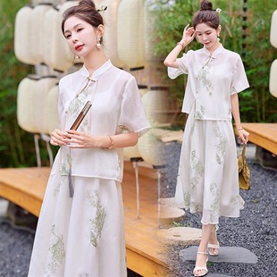 夏季新款复古新中式禅意连衣裙套装通勤透气改良汉服女HZ0107-阿里巴巴