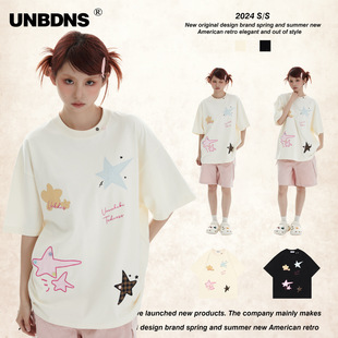 UNBDNS 日系甜美潮流格子贴布绣短袖T恤情侣款夏季慵懒风宽松百搭-阿里巴巴