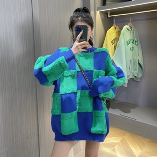 毛衣女2024秋冬新品韩版套头毛衣时尚方块圆领长袖针织衫女-阿里巴巴