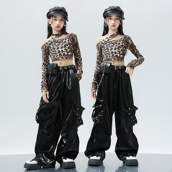 Kids leopard Slant neck Jazz dance costumes for girls hip hop rapper ...
