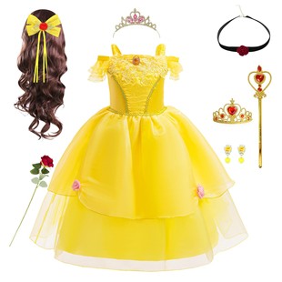 跨境女童贝尔公主裙美女与野兽贝儿网纱一字肩连衣裙礼服裙cos服-阿里巴巴