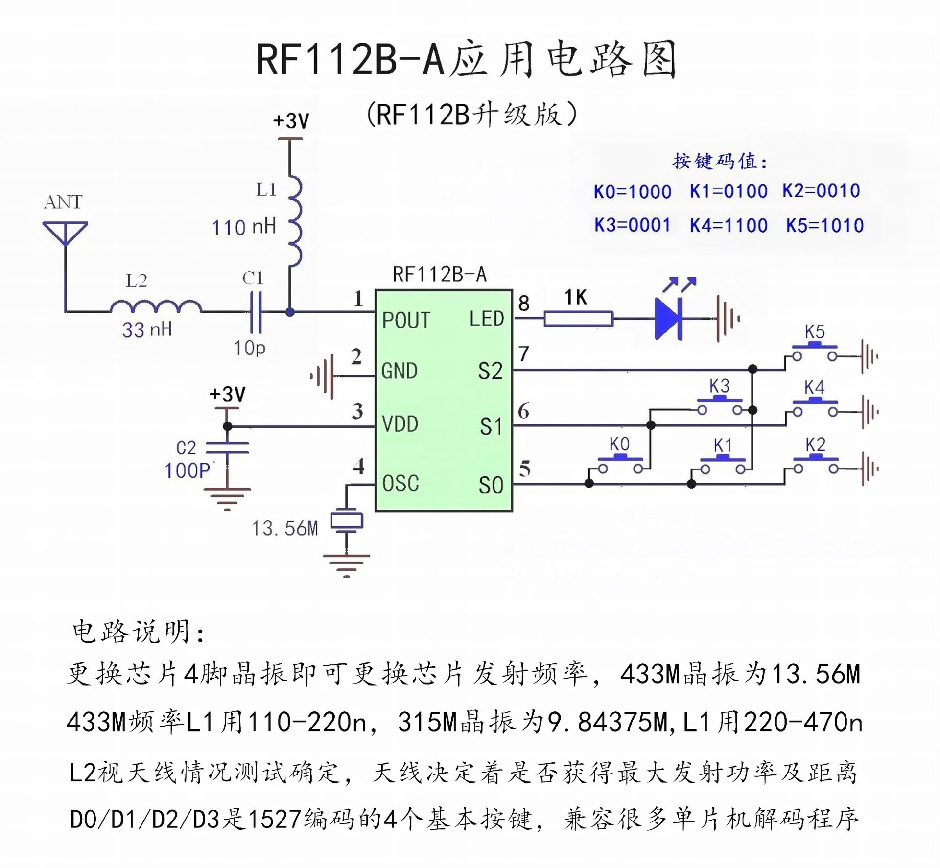 433M6按键RF射频IC内置1527编码无线遥控器发射芯片RF112B-A-阿里巴巴